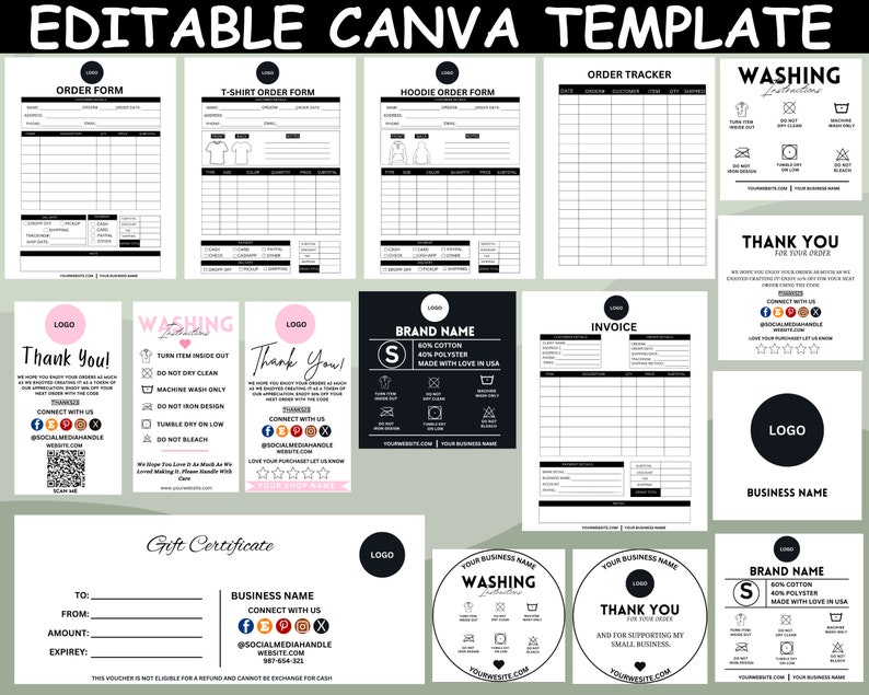Editable Clothing Business Bundle| Order Form| Printable Care Cards ...