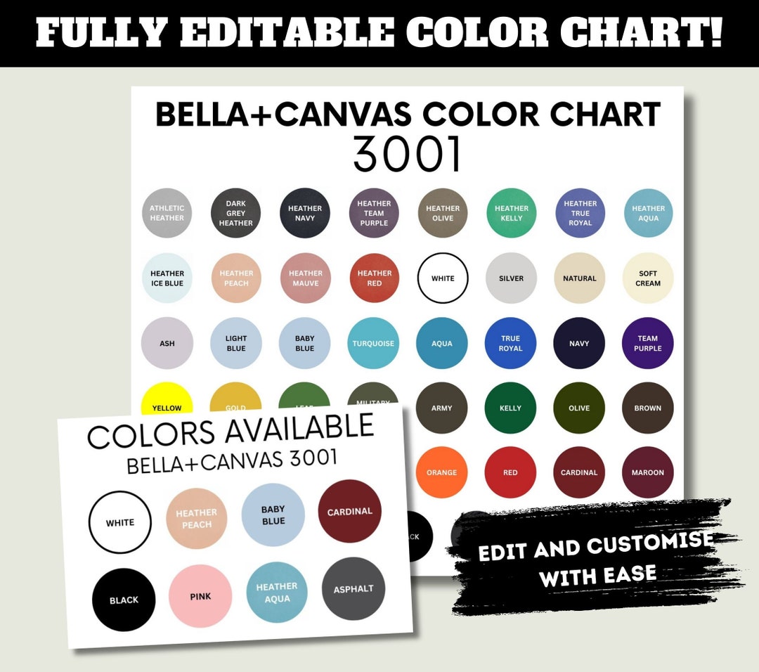 Editable Bella + Canvas 3001 Color Chart| Editable Bella Canvas Color ...