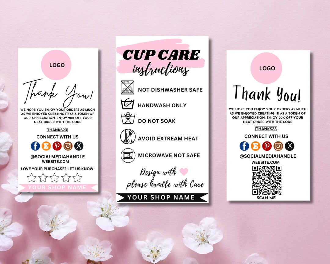 Editable Cup Care Card Template| Cup Care Label| Printable Tumbler Care ...