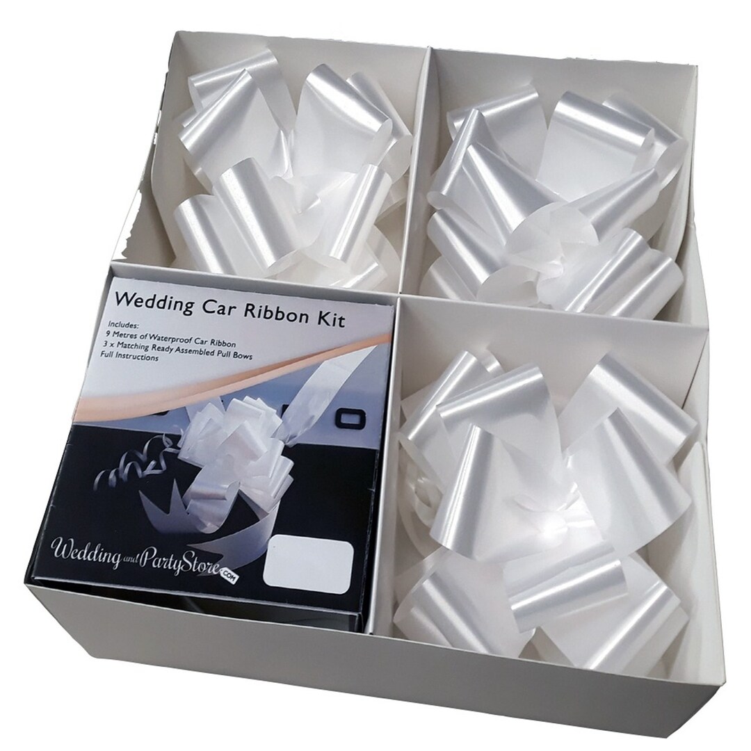 White Wedding Car Ribbon Kit With 3 Ready Assembled Matching Pull Bows ...
