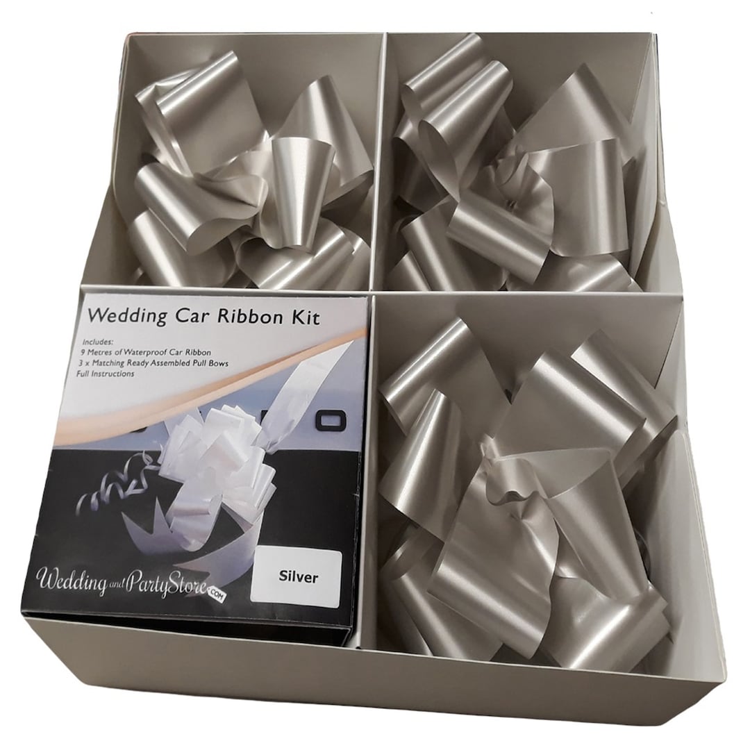 Silver Wedding Car Ribbon Kit With 3 Ready Assembled Matching Pull Bows ...