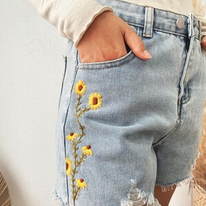 Denim Shorts Embroidered With Bees, Sunflowers & Daisies / Women's ...