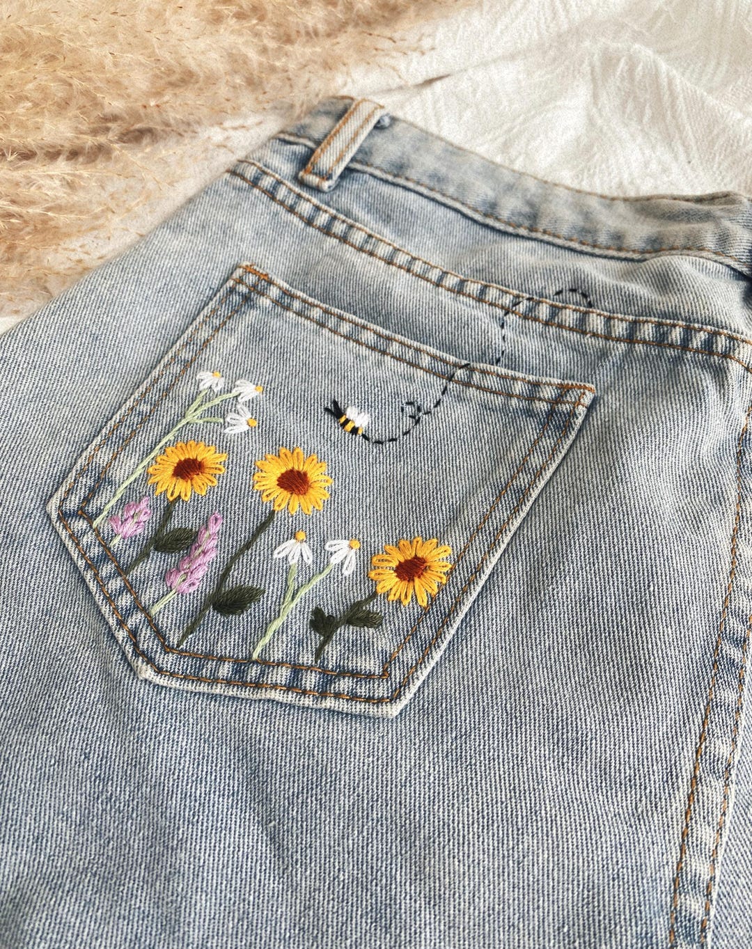Denim Shorts Embroidered With Bees, Sunflowers & Daisies / Women's ...