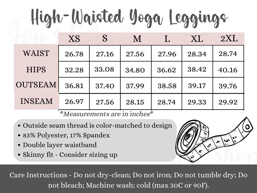 High Waisted Yoga Leggings Size Chart, Boho Size Chart Template POD ...