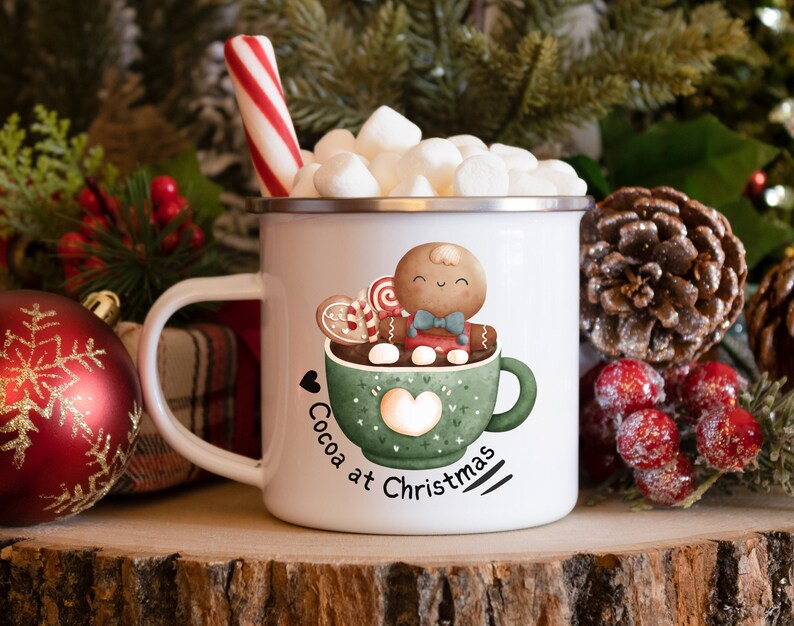 Cocoa at Christmas Enamel Mug Gingerbread Man in a Cup of Hot Chocolate ...