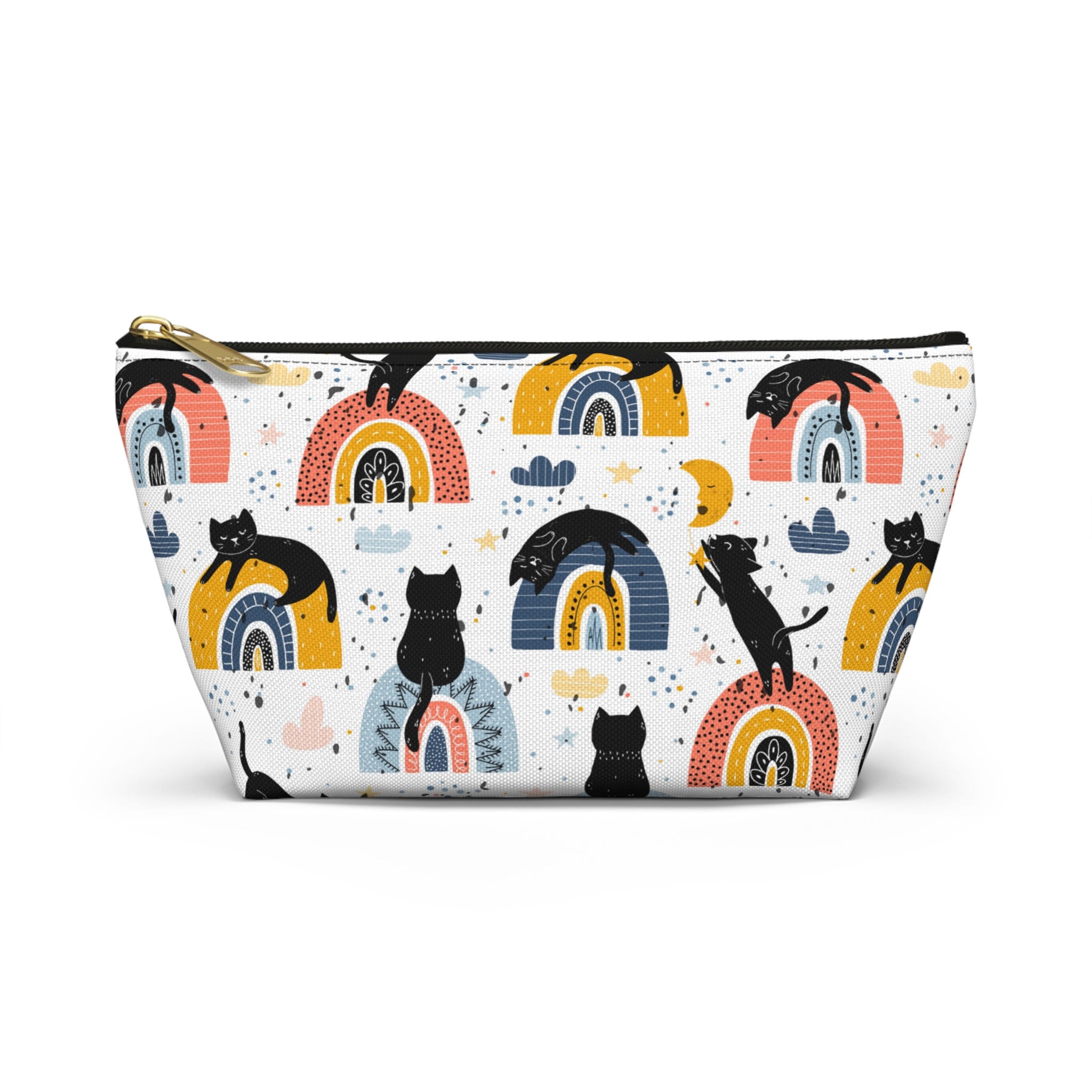Boho Cats Pouch Black Cat and Rainbow White Zip Top Pouch W T-bottom ...