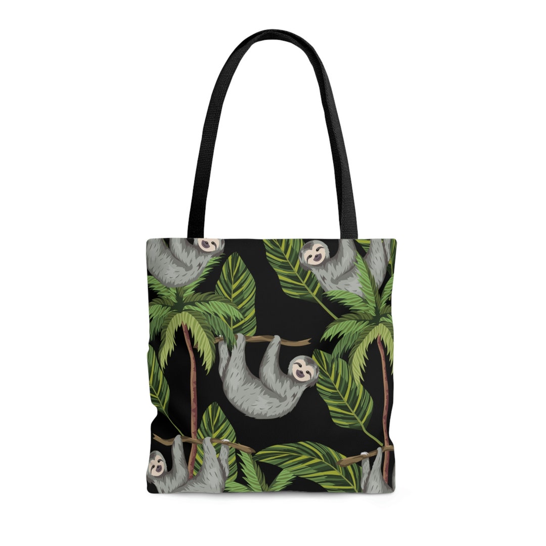 Tropical Sloths Tote Bag Sloths & Palm Trees Black Medium Tote Beach ...