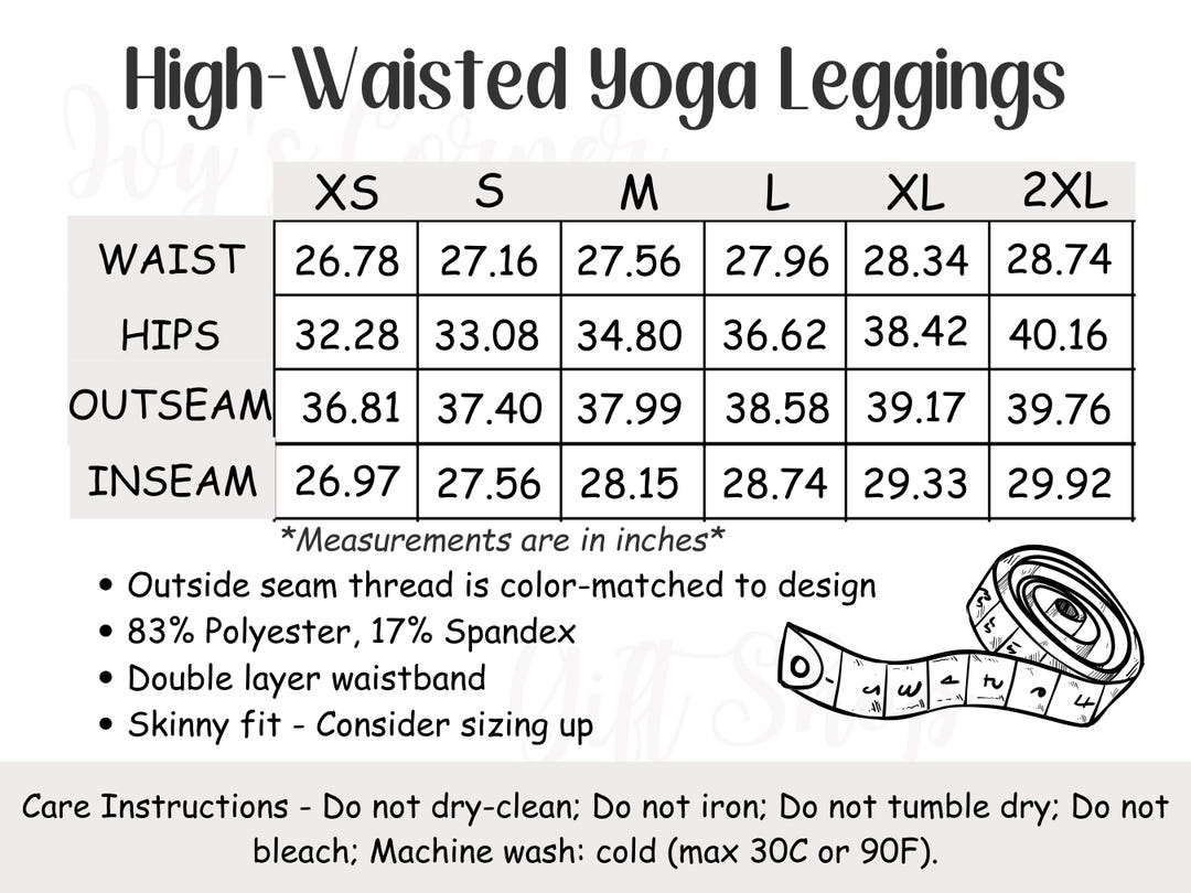 Tableau des tailles et carte d'entretien des leggings de yoga taille ...