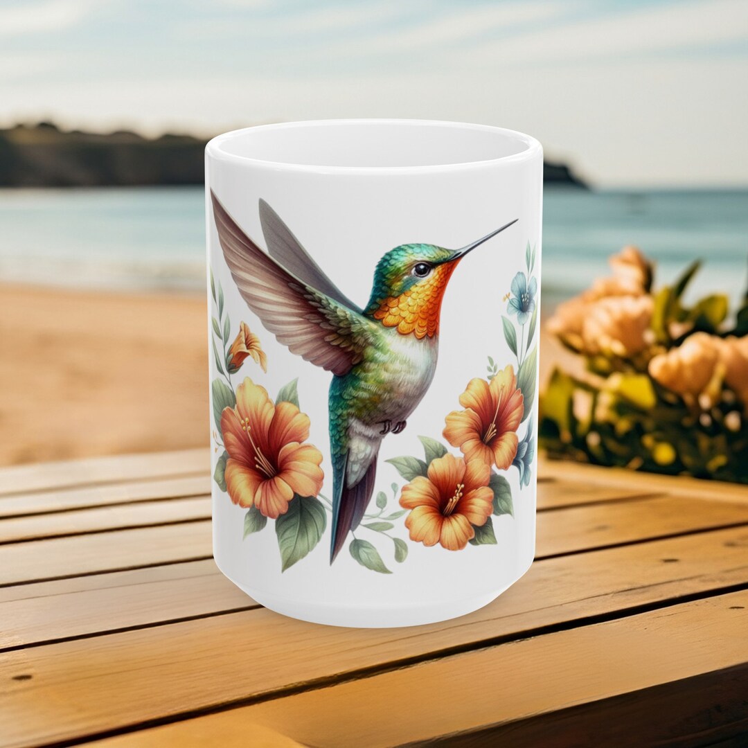 Pretty Hummingbird Mugs Hummingbird and Flowers White Ceramic Mug in 11 ...