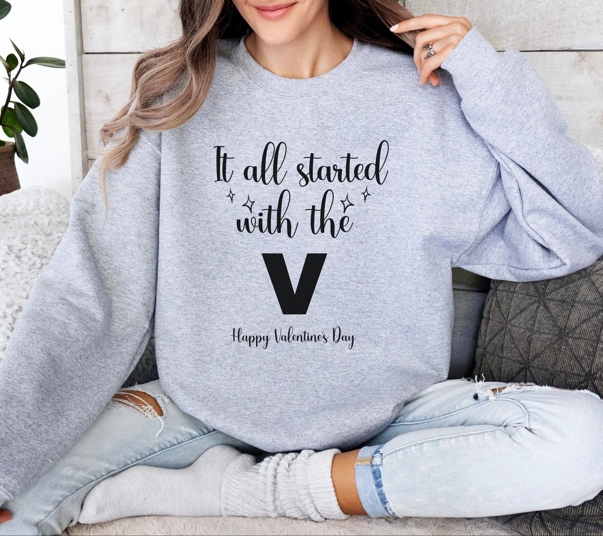 It All Started With the V Sweatshirt Funny Happy Valentine's Day Women ...