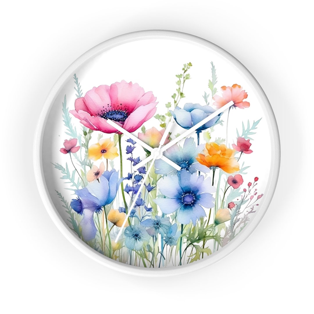 Botanical Wall Clock Beautiful Watercolor Flowers Wall Clocks Wooden ...