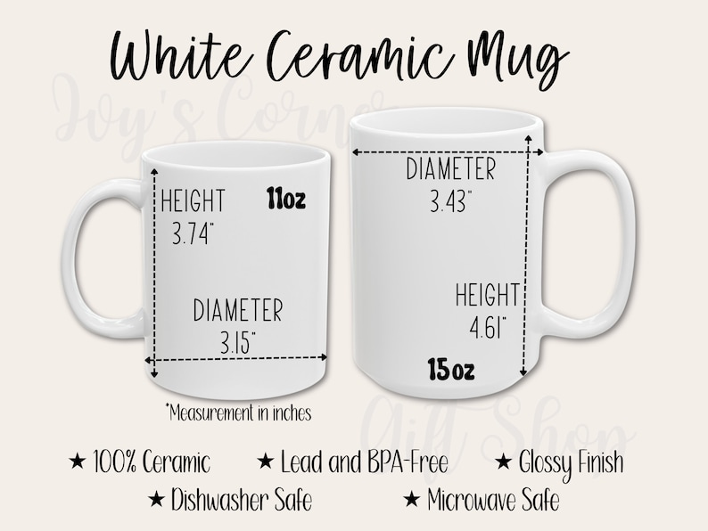 White Ceramic Mug Size Chart for 11oz and 15 Oz Mugs, Coffee Mug Size ...
