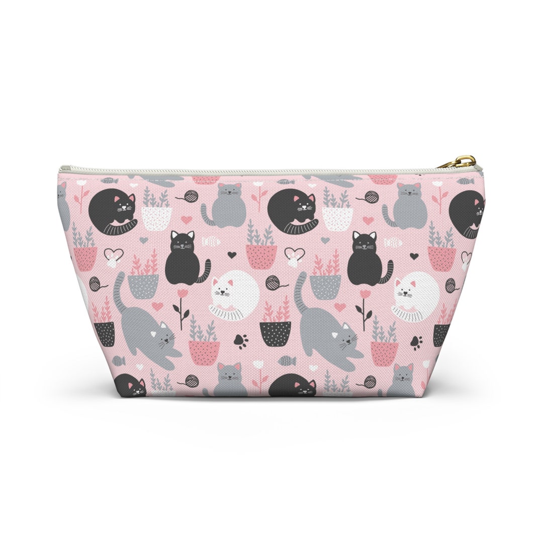 Cats & Botanicals Pouch Cute Cat Pink Zip Top Pouch W T Bottom in Small ...