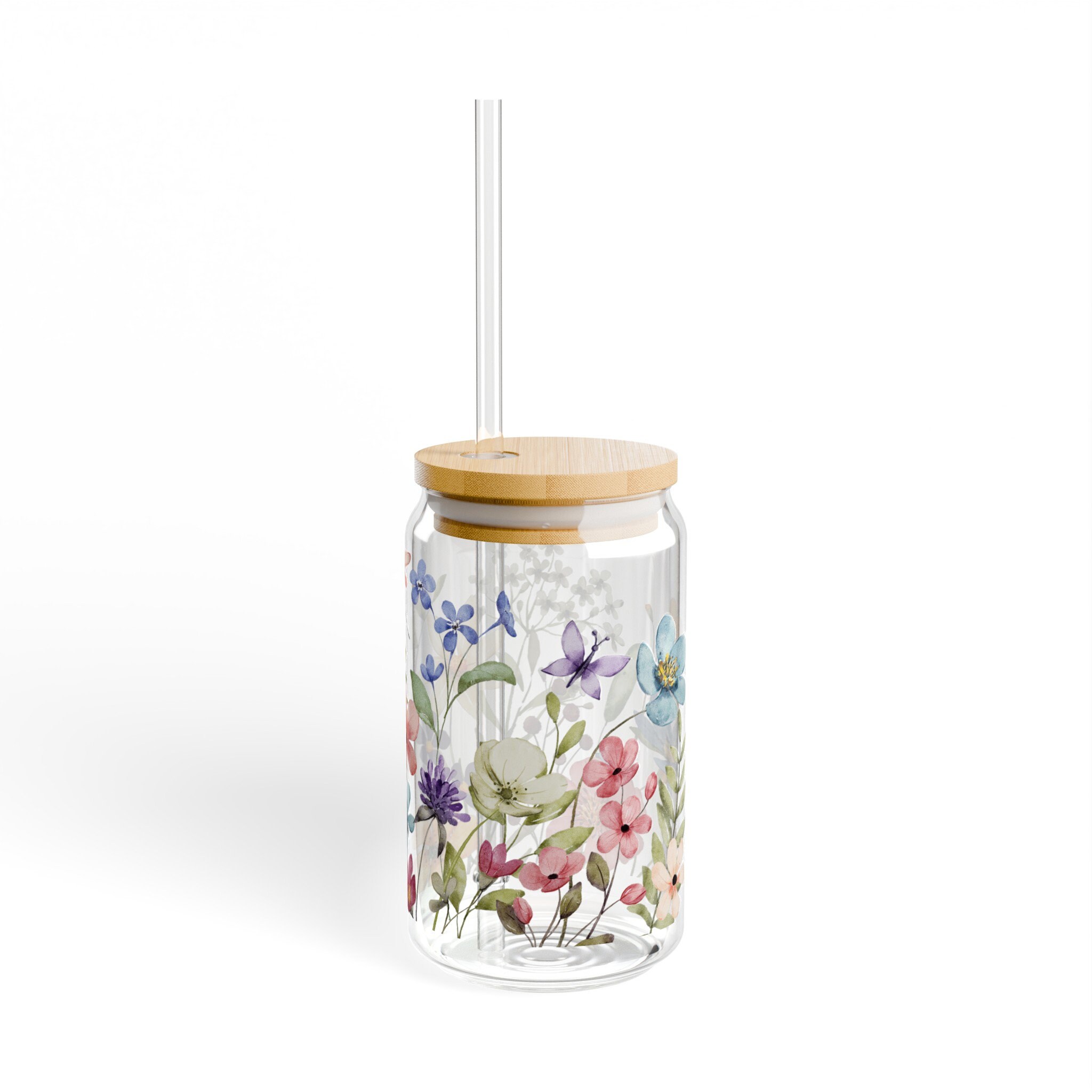 Watercolor Wildflowers Sipper Glass Flowers Dragonfly 16oz Can Glass ...
