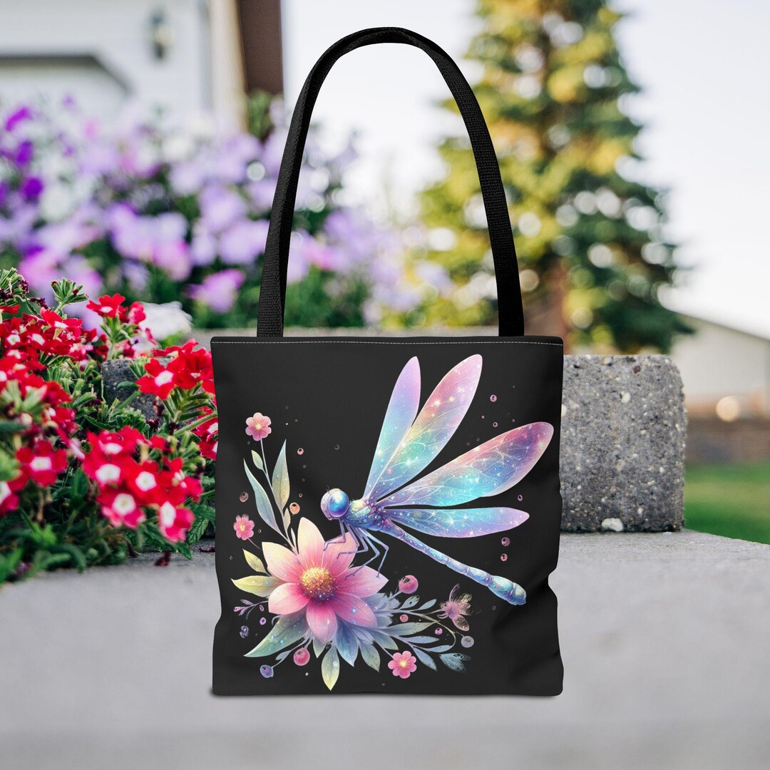 Pastel Dragonfly Flower Tote Bag in Black, Dragonfly Lover Tote Bag ...