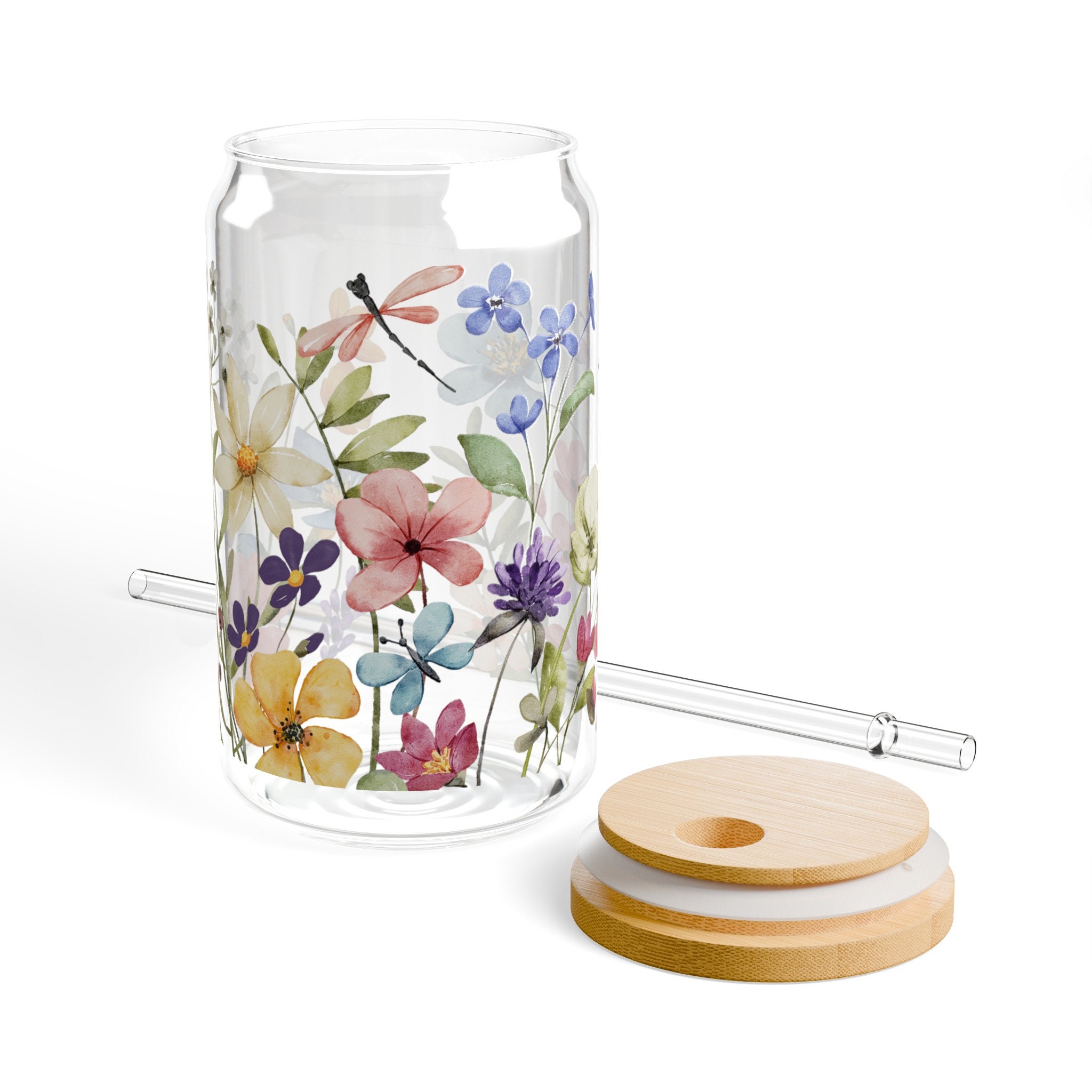 Watercolor Wildflowers Sipper Glass Flowers Dragonfly 16oz Can Glass ...