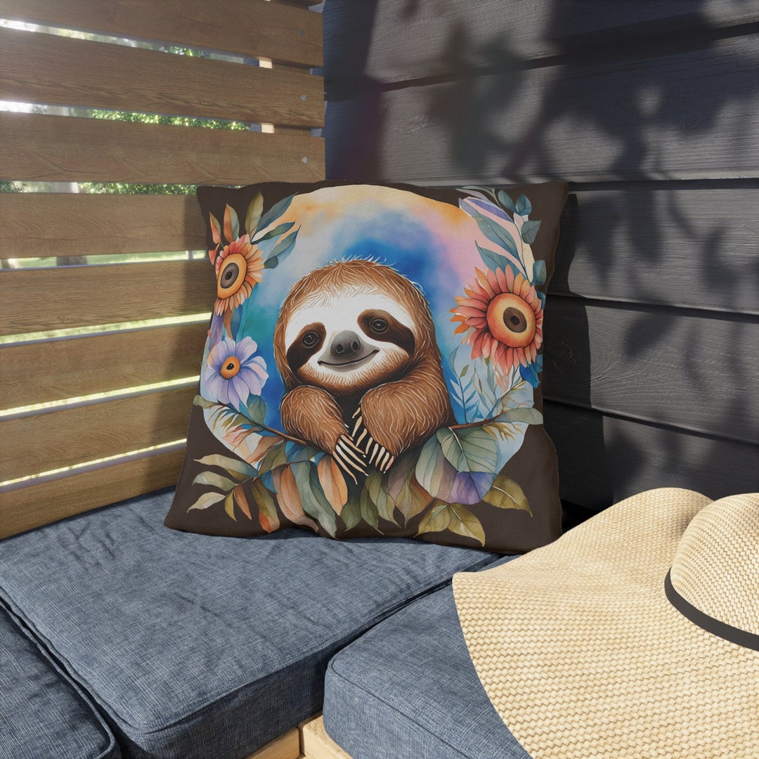 Watercolor Sloth Outdoor Pillows, Cute Boho Sloth Outdoor Throw Pillow ...