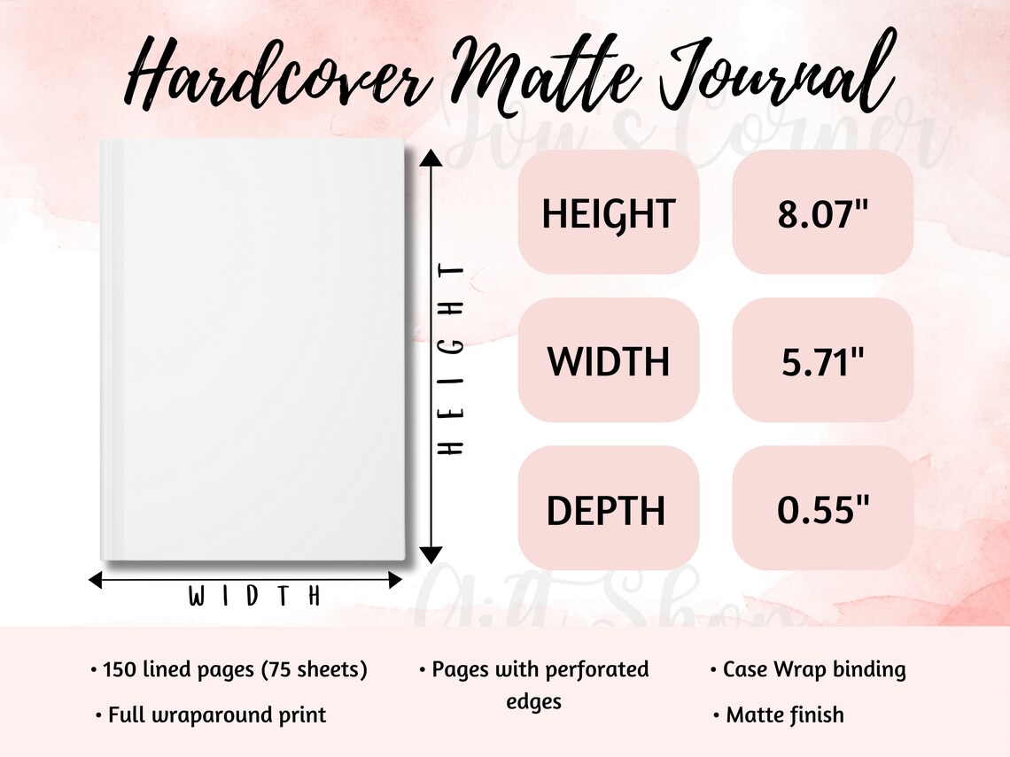 Hardcover Matte Journal Size Chart, Size Chart Template for POD Product ...