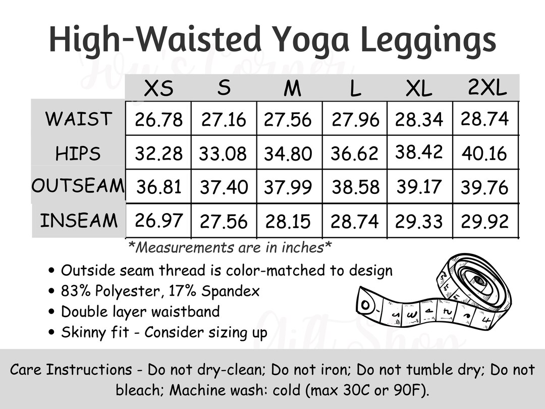 High Waisted Yoga Leggings Size Chart, Size Chart Template POD Product ...