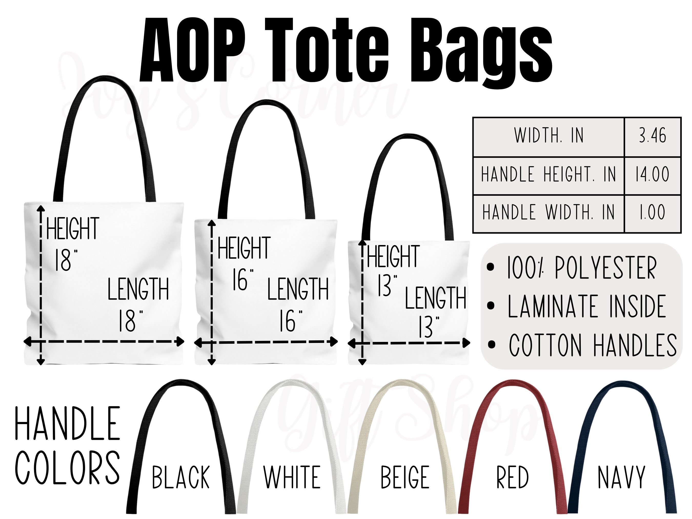 Tote Bag Size Chart Template for POD Etsy Tools, AOP Tote Bags Size Guide and Color Guide, Tote ...
