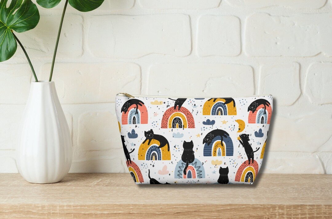 Boho Cats Pouch Black Cat and Rainbow White Zip Top Pouch W T-bottom ...