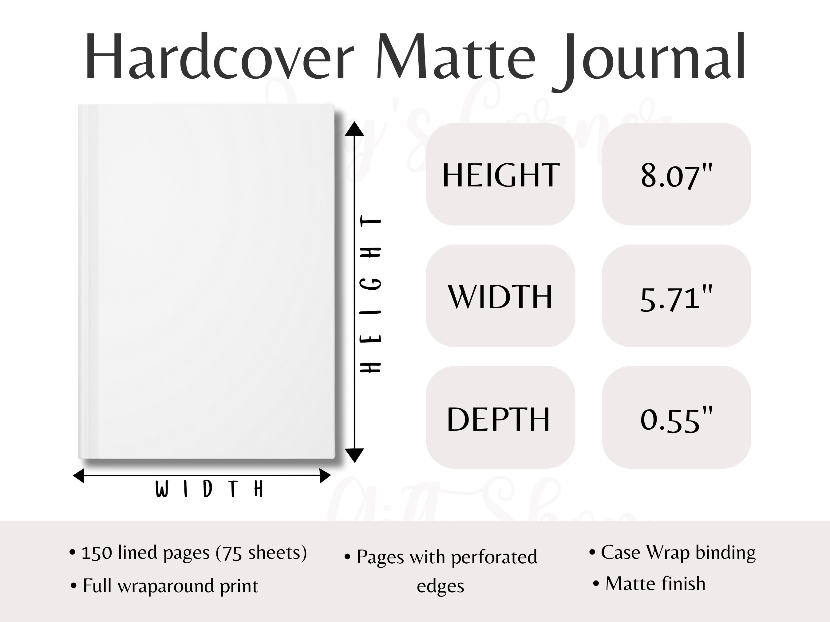 Hardcover Matte Journal Size Chart Plain, Size Chart Template for POD ...