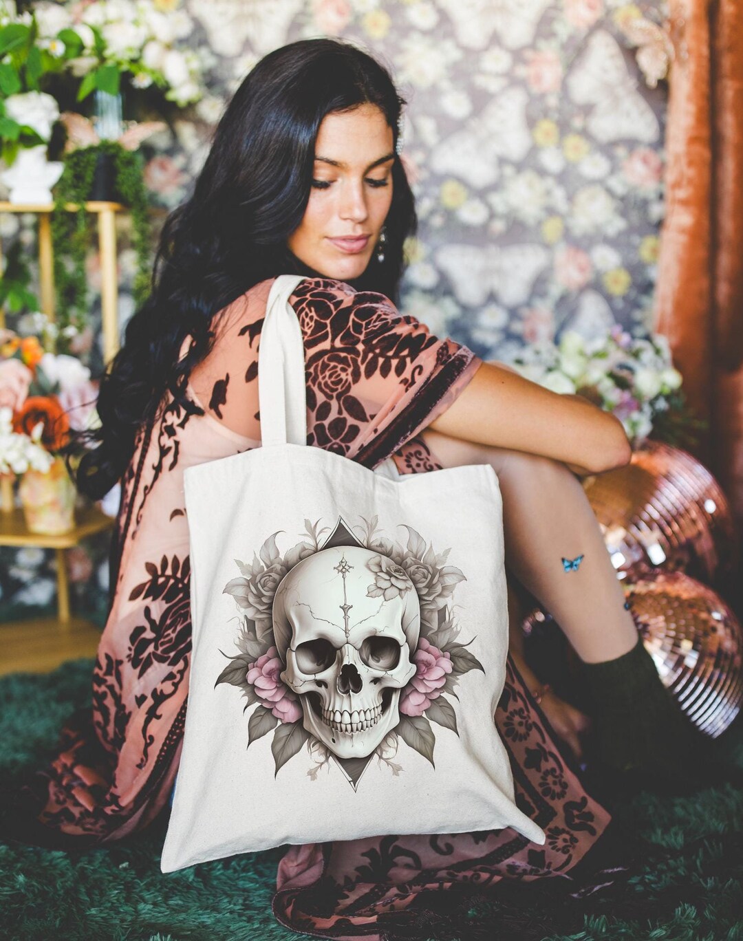 Skull Rocker Tote Goth Girl Tote Bags Skull Flowers Canvas Tote Bag in ...