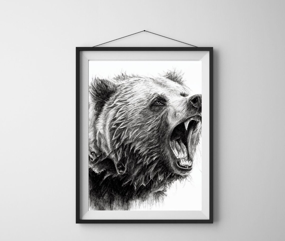 Realistic Sketch of Fierce Grizzly Bear - Etsy