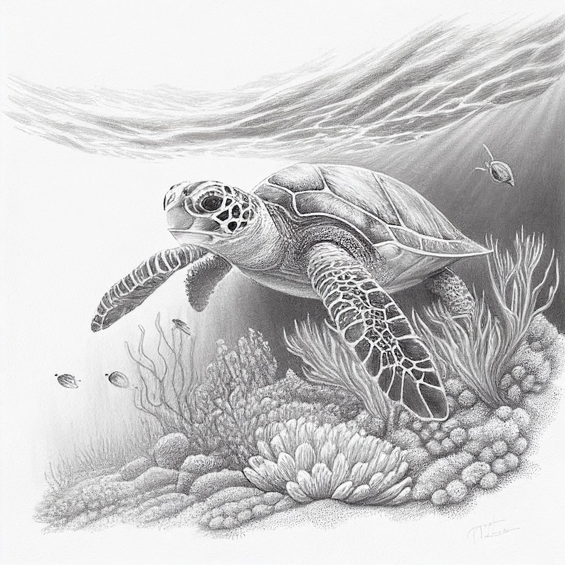 Realistic Sketch of a Majestic Sea Turtle Swimming Over a Coral Reef - Etsy