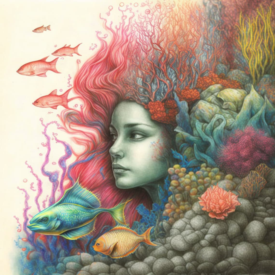 Mermaid Over a Coral Reef Pencil Sketch in Vivid Colors - Etsy