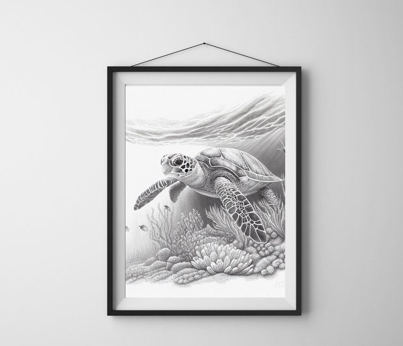 Realistic Sketch of a Majestic Sea Turtle Swimming Over a Coral Reef - Etsy