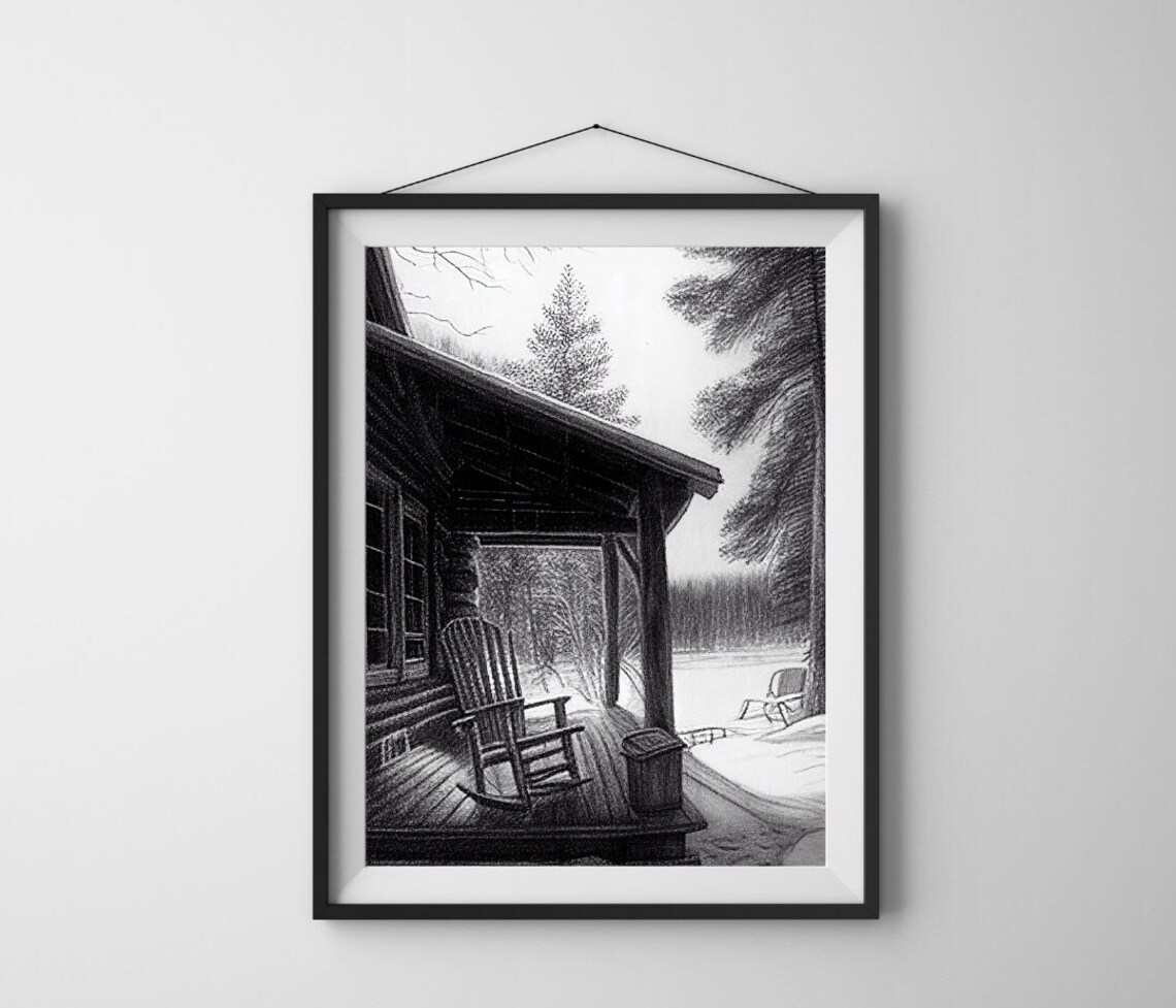 Winter Cabin Pencil Sketch With Trees and Rocking Chair - Etsy