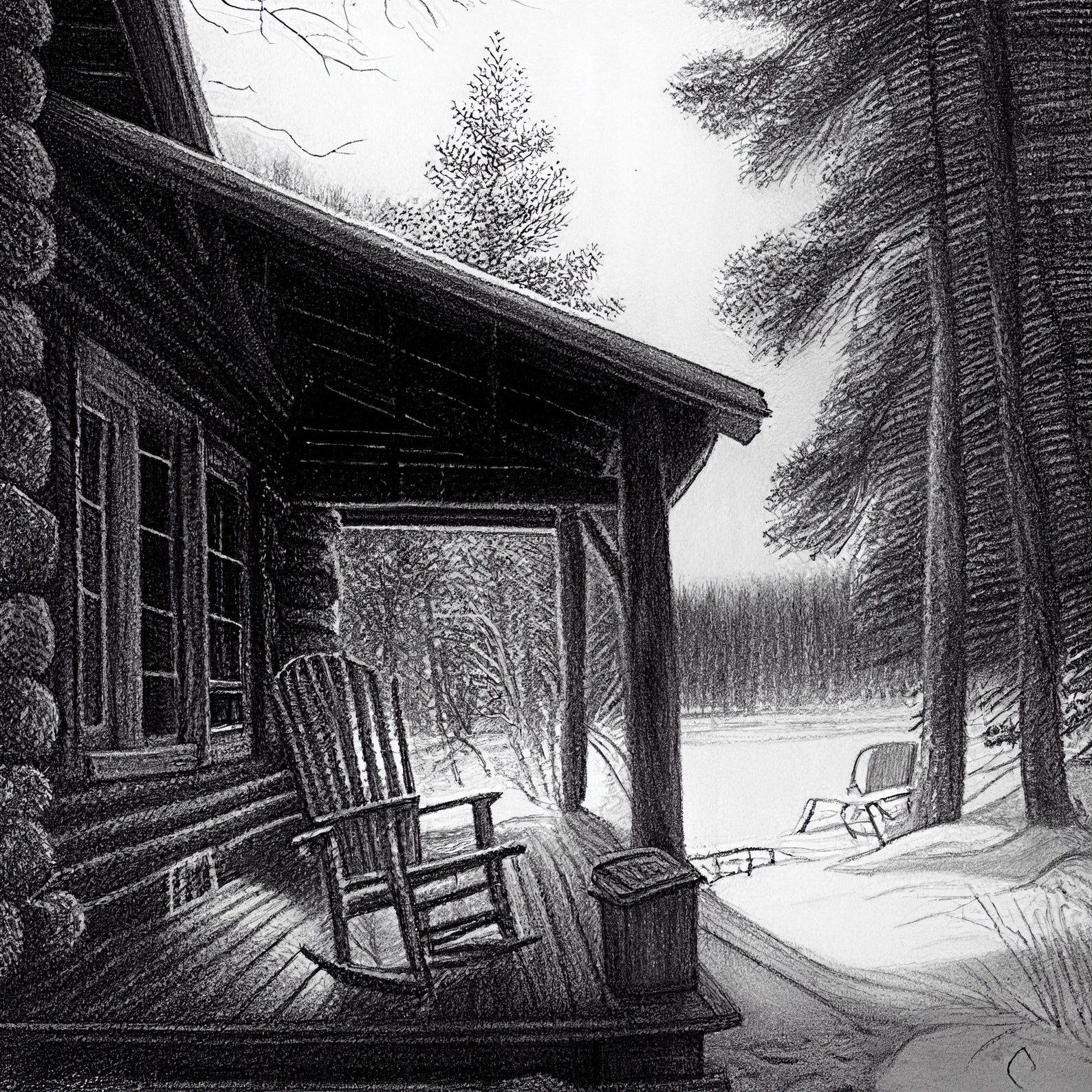 Winter Cabin Pencil Sketch With Trees and Rocking Chair - Etsy