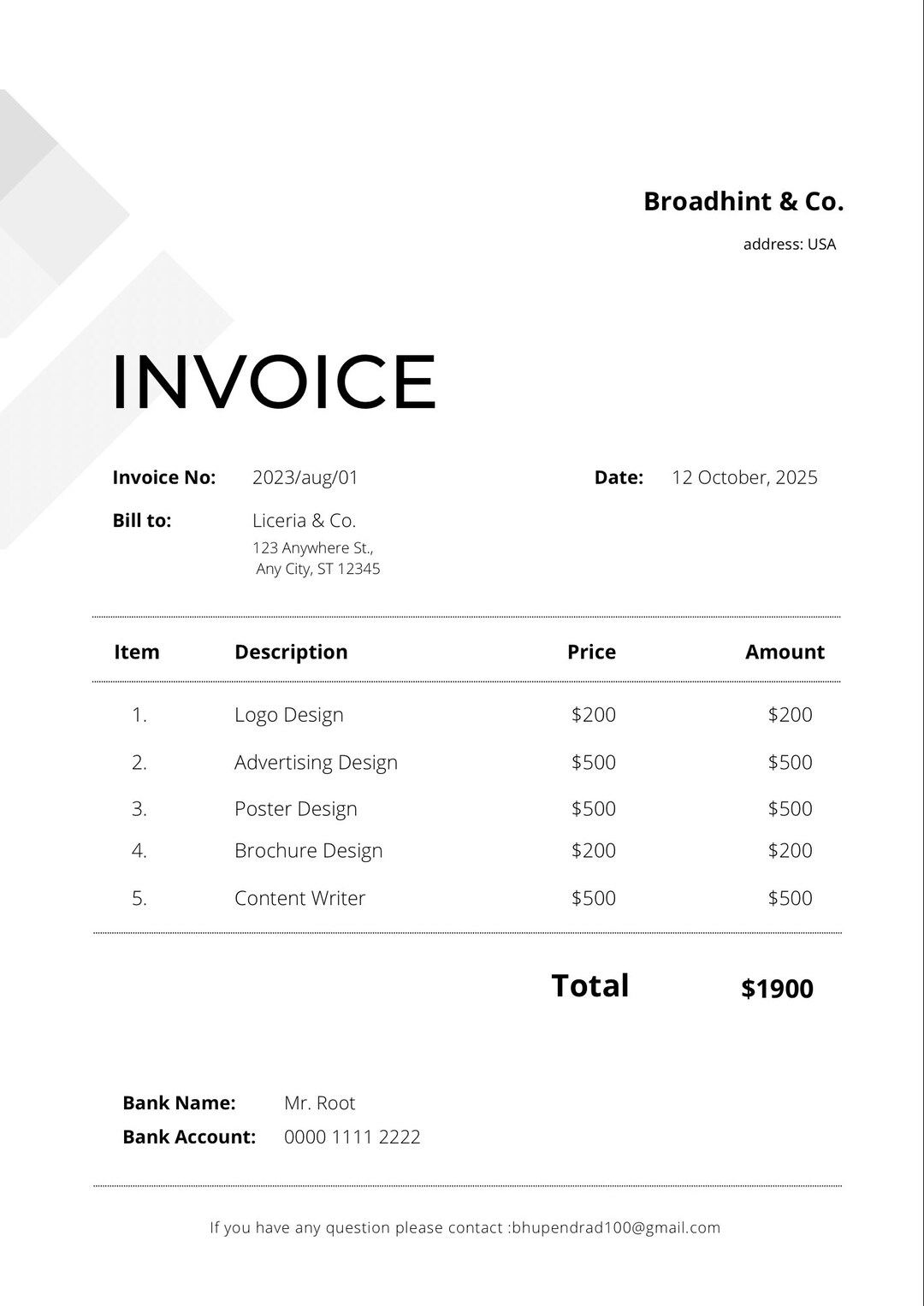 Instant download able format of digital invoice, non editable digital ...