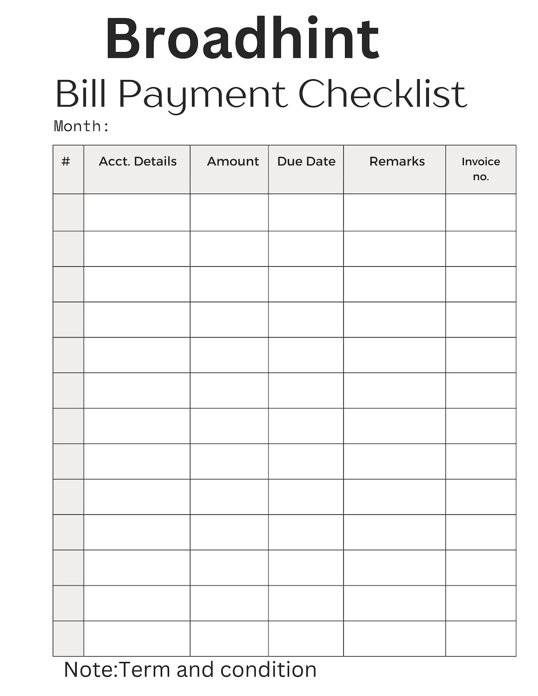 Instant Download Able Format of Bill Payment Check List, Non Editable ...