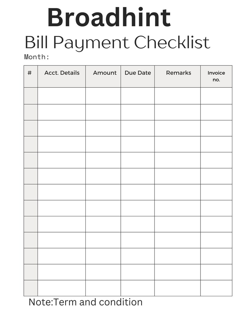 Instant Download Able Format of Bill Payment Check List, Non Editable ...