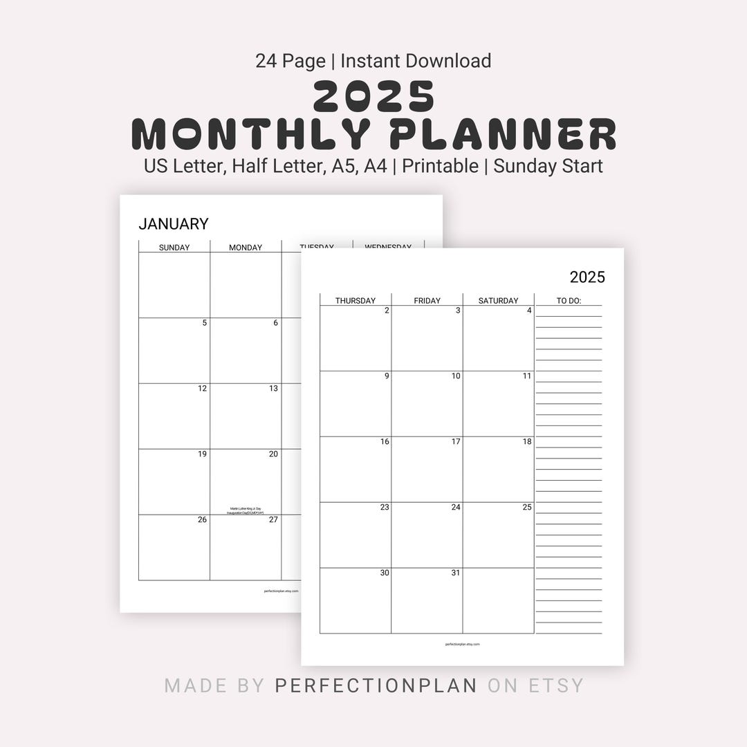 2025 Vertical Monthly Planner | Two-page Layout | Sunday Start ...