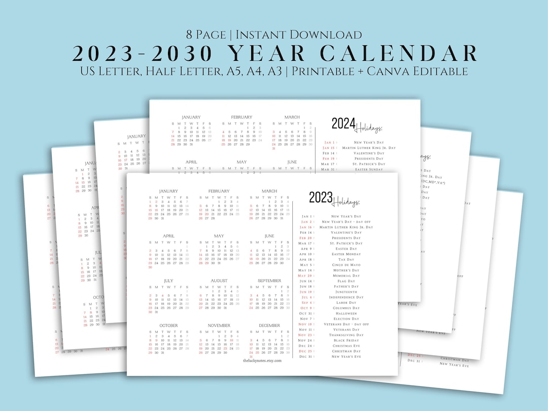 2023-2030 Year Calendars With Holidays on One Page Printable - Etsy UK