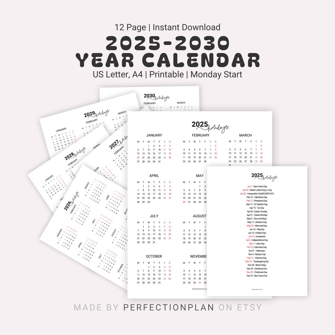 2025-2030 Vertical Yearly Calendar With Holidays | Digital & Printable ...