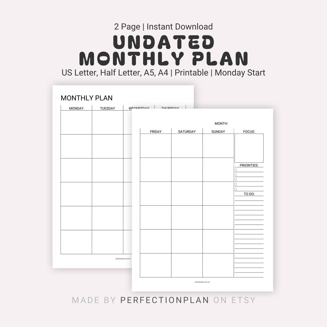 Undated Monthly Planner Printable, Month on Two Pages, Month at a ...