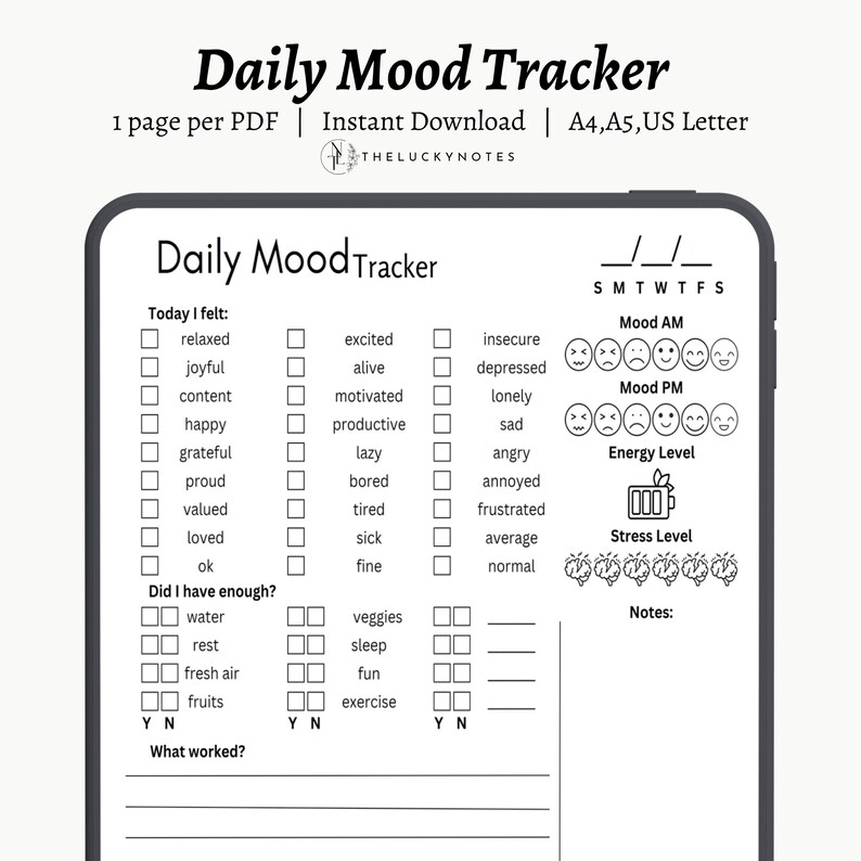 Daily Mood Tracker With Self-care Mental Health Emotion - Etsy