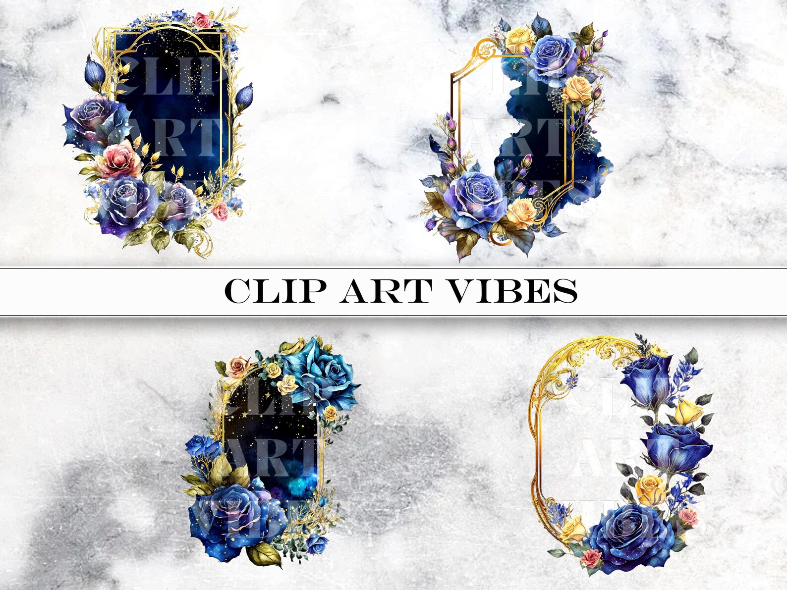 Royal Blue Roses Clipart, Watercolor Floral Frame, Frames Clipart ...