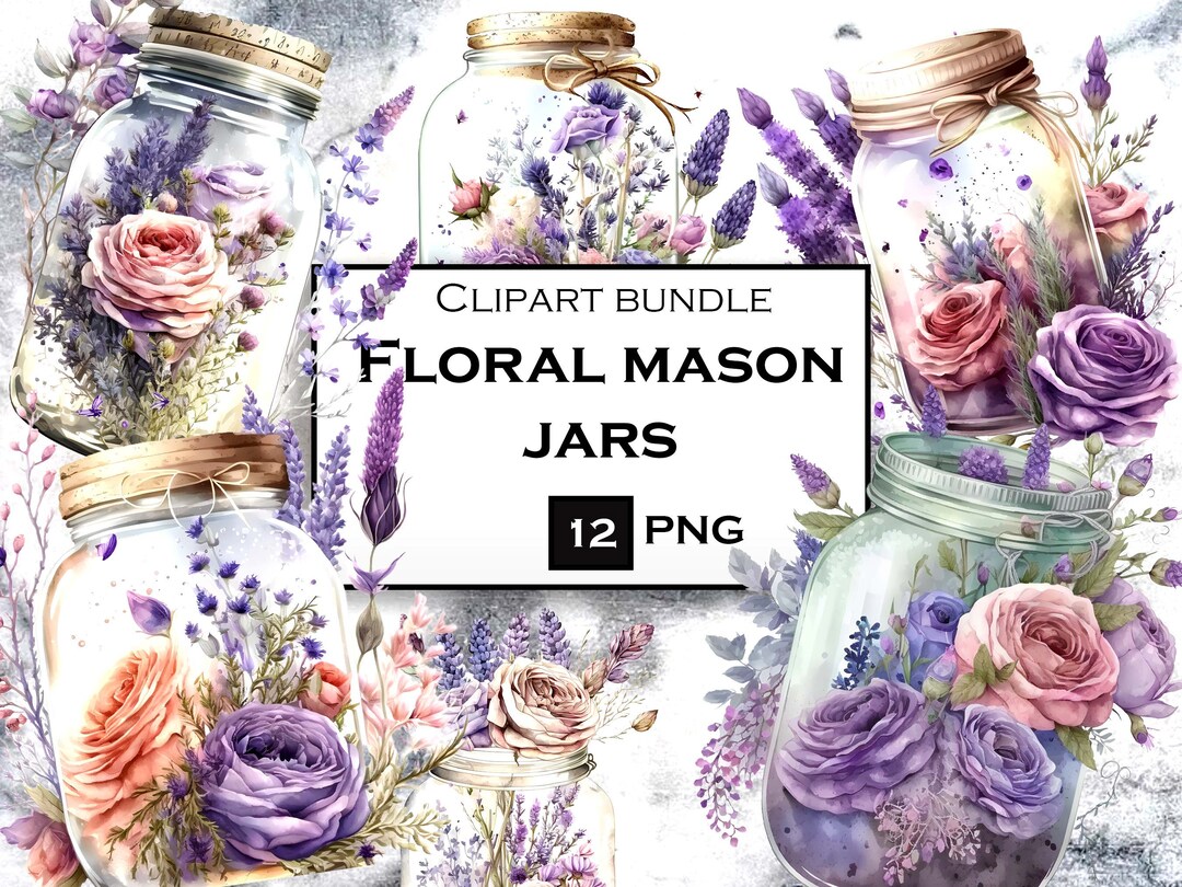 Floral Mason Jar Clipart Watercolor Jar PNG Romantic Flower - Etsy