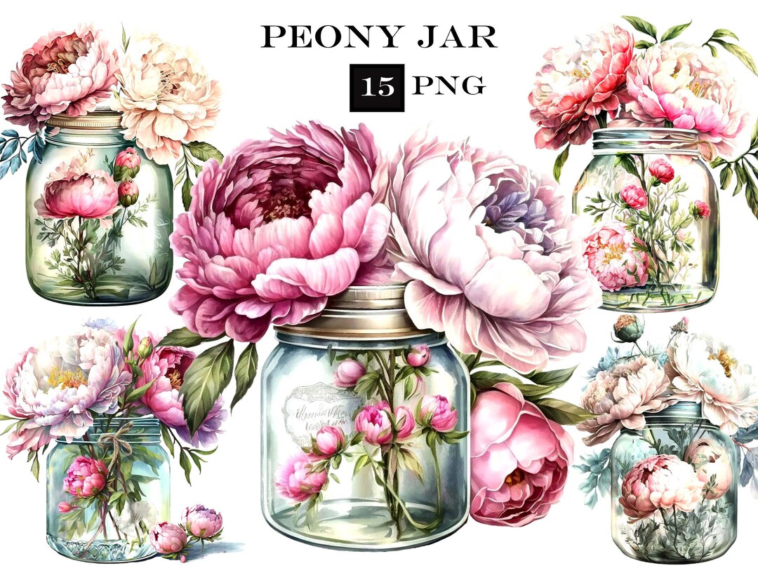 15 PNG Pink Peony Clipart Bundle, Watercolor Flowers PNG, Peony Clip ...