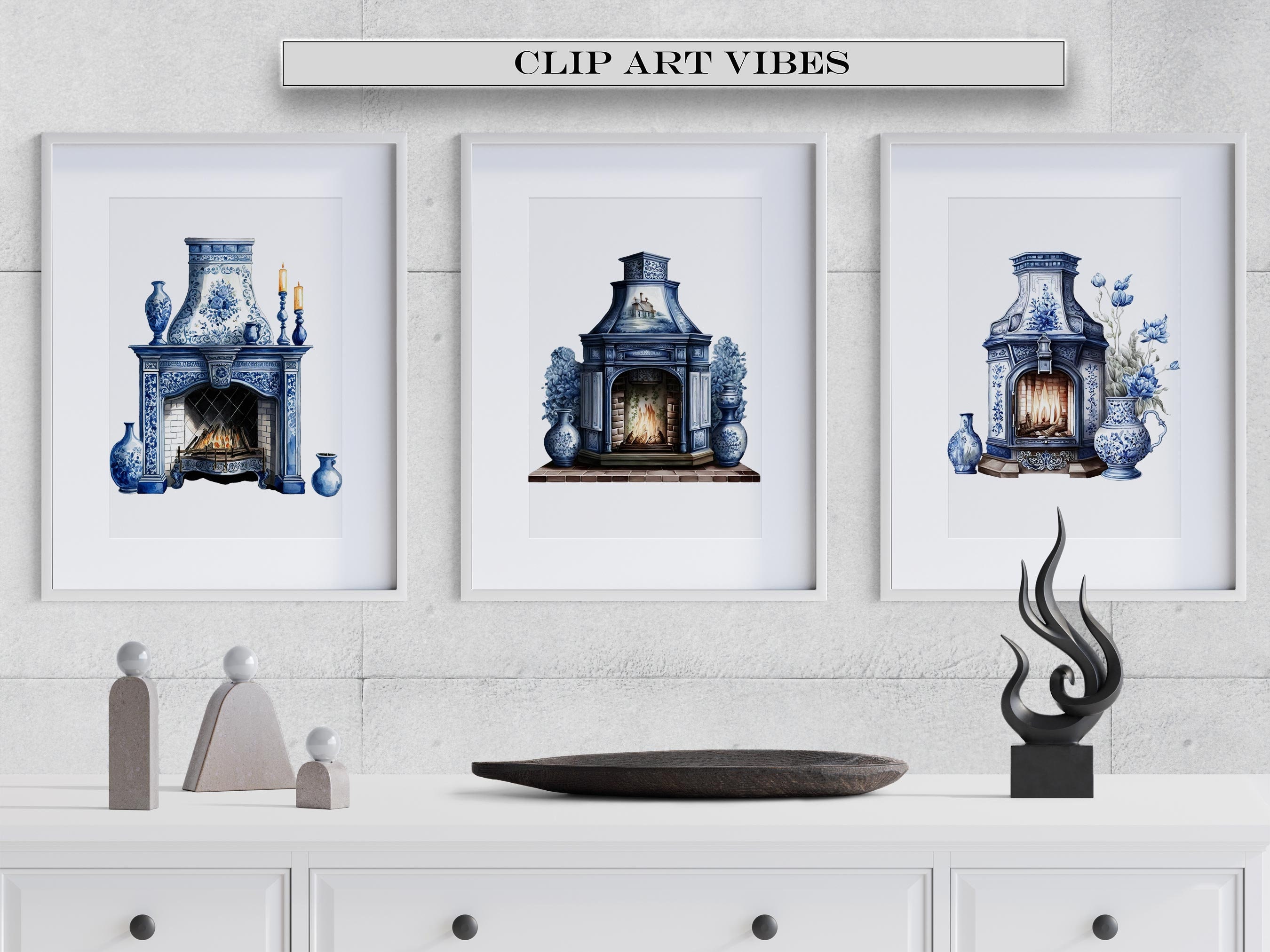 Delft Blue Cottage Fireplace Clipart Farmhouse Clipart - Etsy