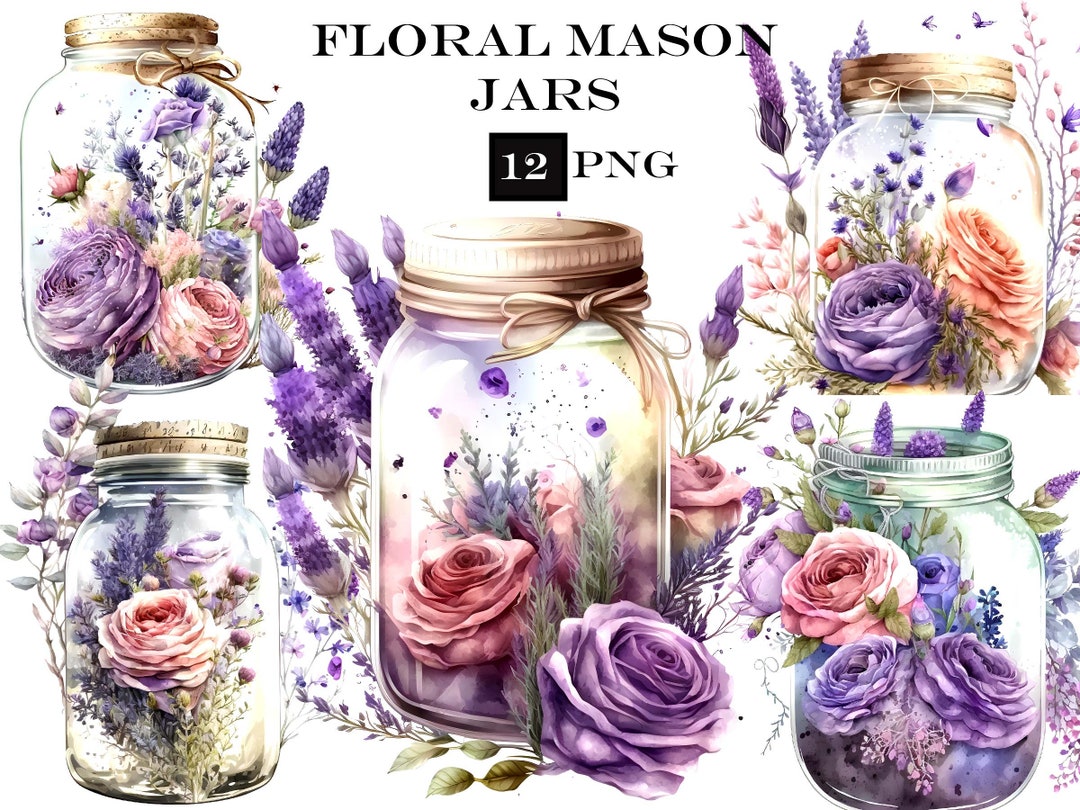 Floral Mason Jar Clipart, Watercolor Jar PNG, Romantic Flower Clipart ...