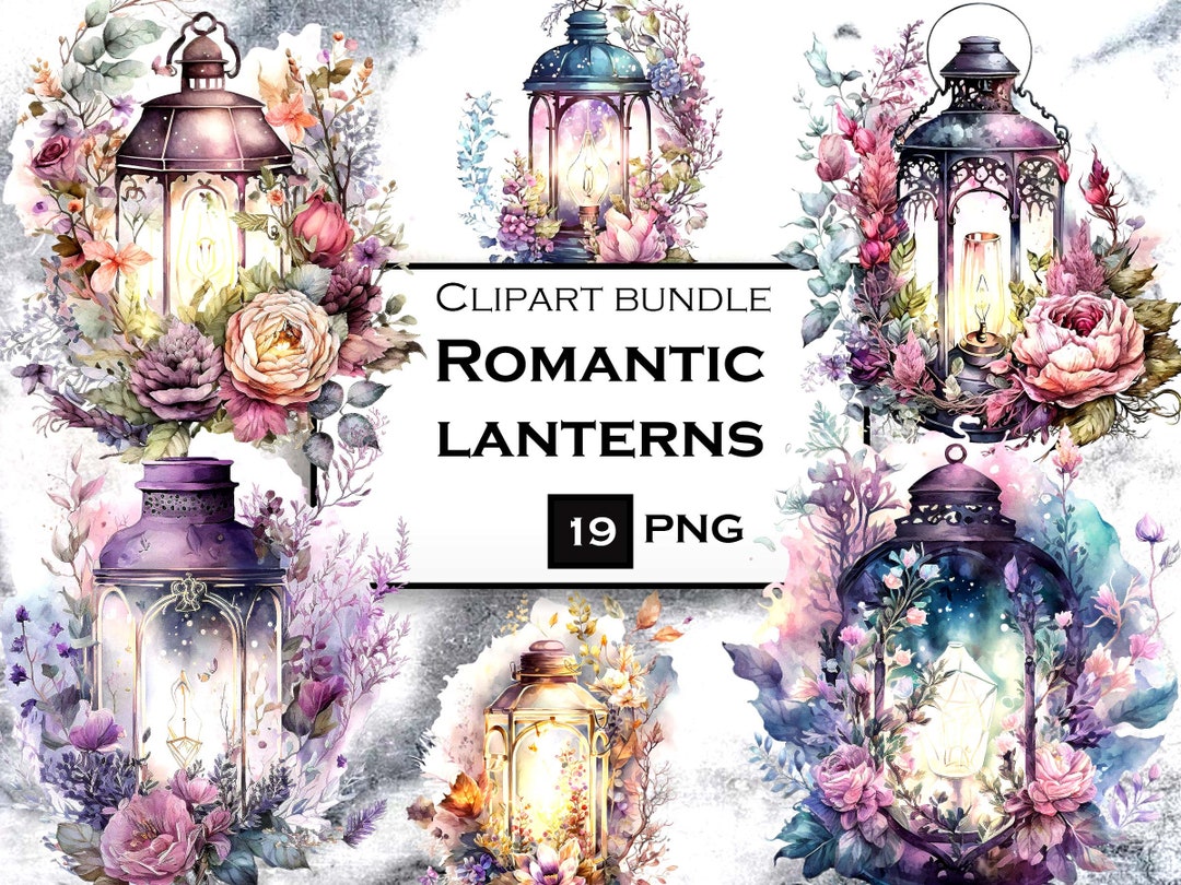 Watercolor Lanterns Clipart: Romantic Floral PNG Bundle (digital ...
