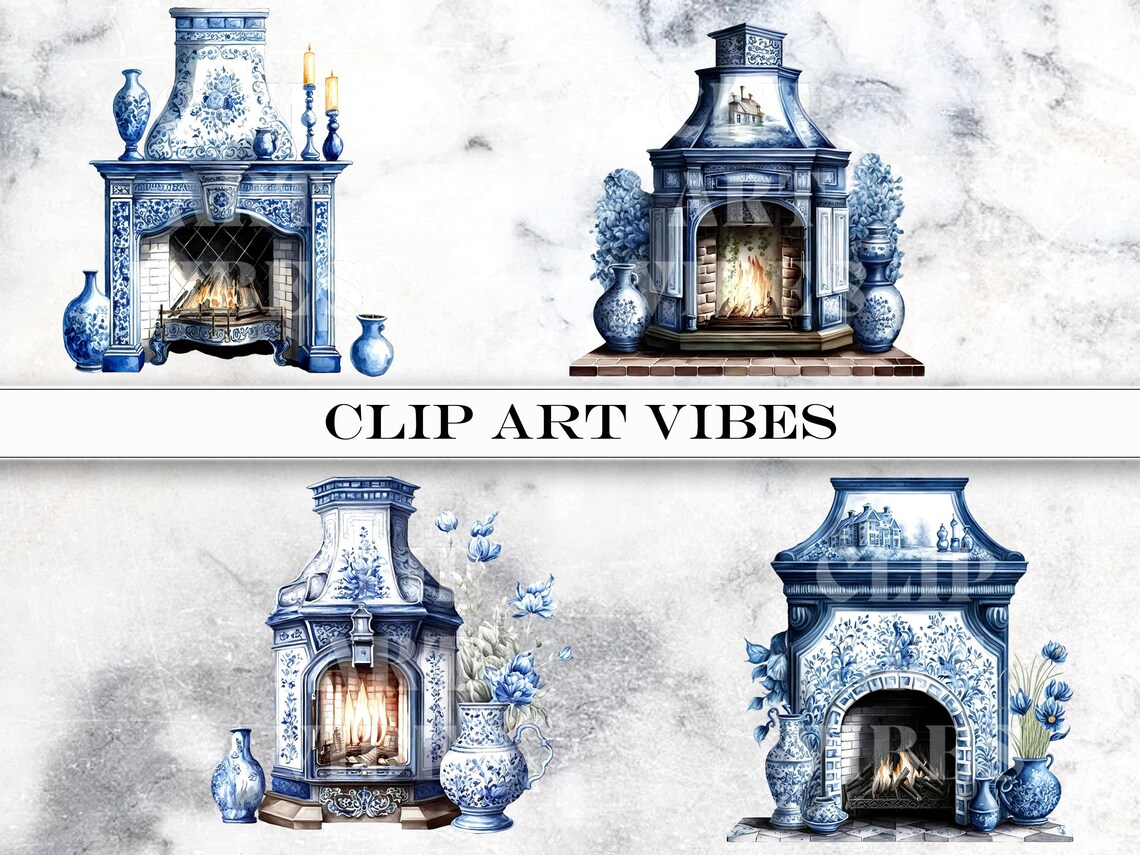 Delft Blue Cottage Fireplace Clipart, Farmhouse Clipart, Watercolor ...