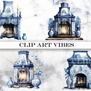 Delft Blue Cottage Fireplace Clipart, Farmhouse Clipart, Watercolor ...