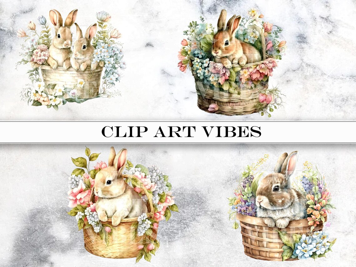 Easter Bunny Watercolor Clipart Bundle. Romantic Vintage Flower Basket ...